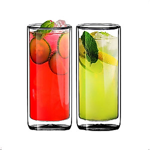 Sun's Tea Double Wall Insulated Glass Tumbler, 16oz (450ml) Highball Glass Cups for Beer, Lemonade, Iced Tea, Tropical Drink, Cocktail, Smoothie, Mojito and Mixed Drinks, Set of 2 - Collins Style