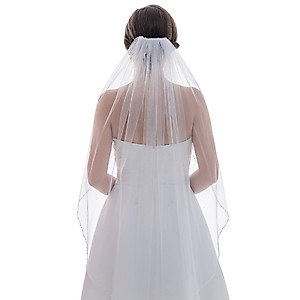 SAMKY 1T 1 Tier Crystal Pearl Beaded Edge Bridal Wedding Veil - White Fingertip Length 36" V575