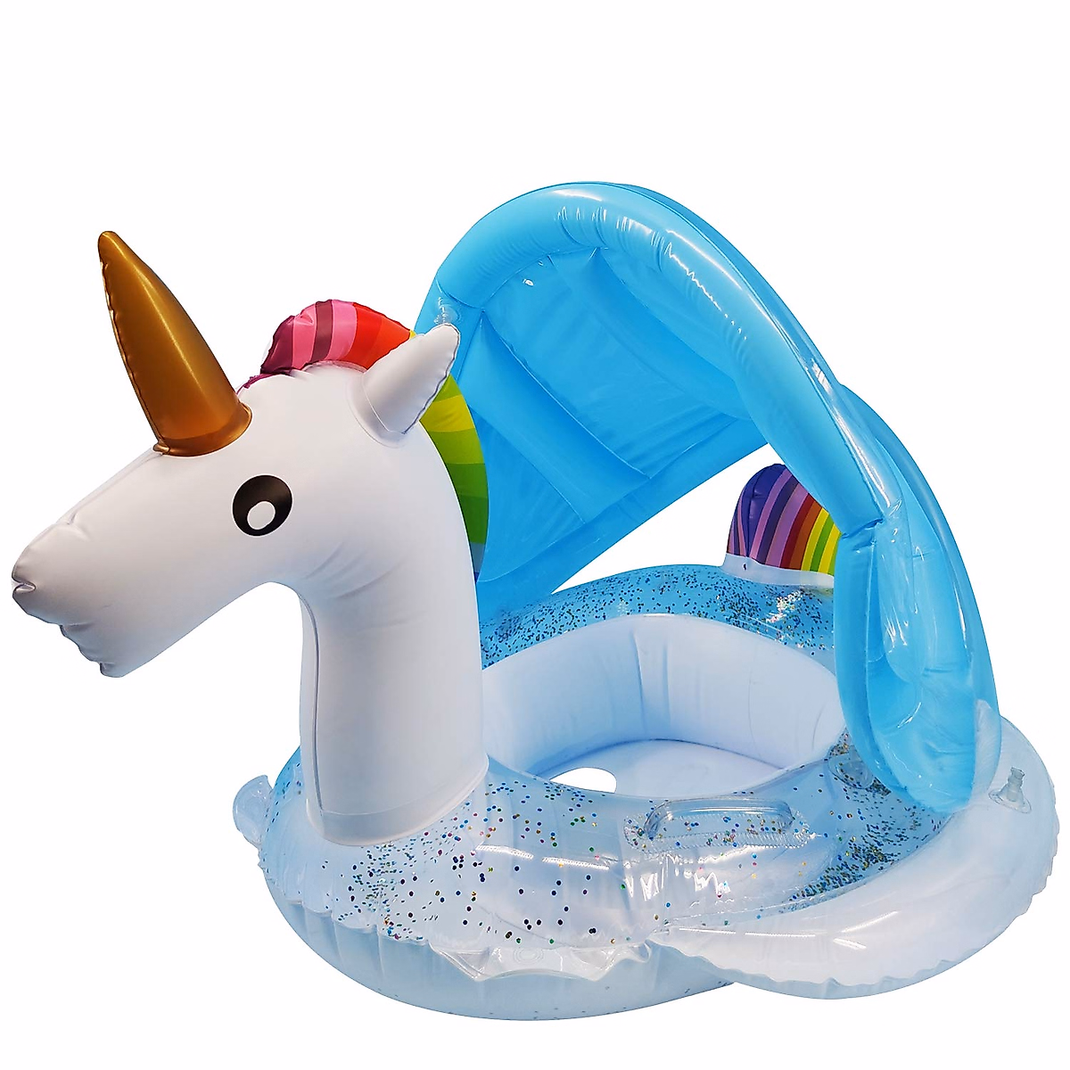 Unicorn Baby Swimming Pool Float with Canopy, Glitters, Seat & Safety Handle, 2024 Summer Baby Floats for Pool, Inflatable Baby floaties for 8-36 Months Toddler Boy Girl Summer Outdoor Party Favor