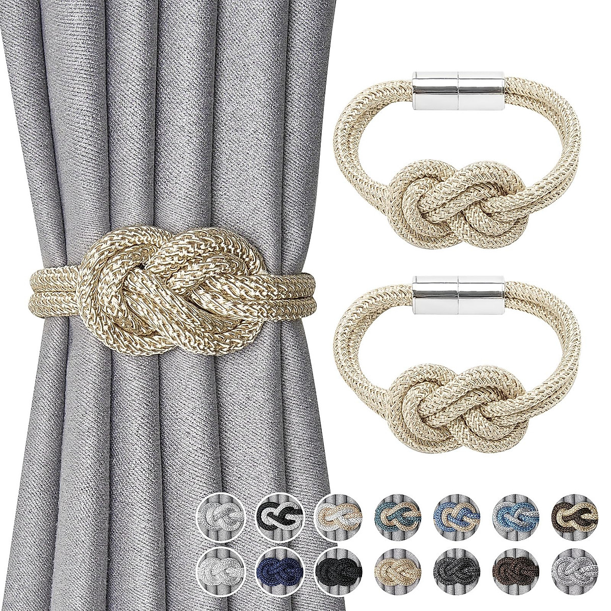 NICEEC 2 Pack Mini Magnetic Curtain Tiebacks Nordic Simple Style Drape Tie Backs Elegant Hand Weave Rope Knot Decorative Curtain Holdbacks for Home & Office Thin Window Drapery (Beige)