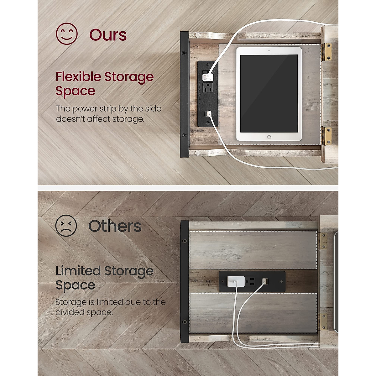 VASAGLE Side Table with Storage, End Table with USB Ports and Outlets, Nightstand with Charging Station, Fabric Bags, for Living Room, Bedroom, Greige and Black ULET310B02, 23.6 x 12.4 x 23.6 Inches