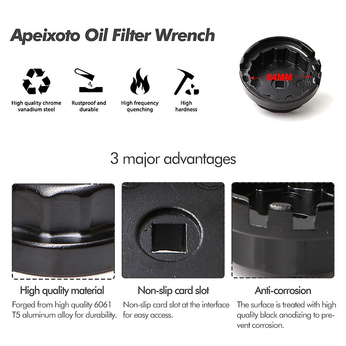 Apeixoto Oil Filter Wrench Cap Removal Tool Fits 64mm Cartridge Housing for Camry Rav4 HighLander Sienna Tundra with 2.5L-5.7L Engine