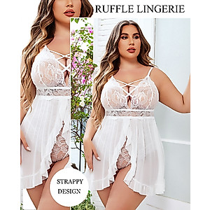Avidlove Women Plus Size Lingerie Snap Crotch Babydoll Sexy Curvy Strappy Ruffle Lace Chemise(White,L)