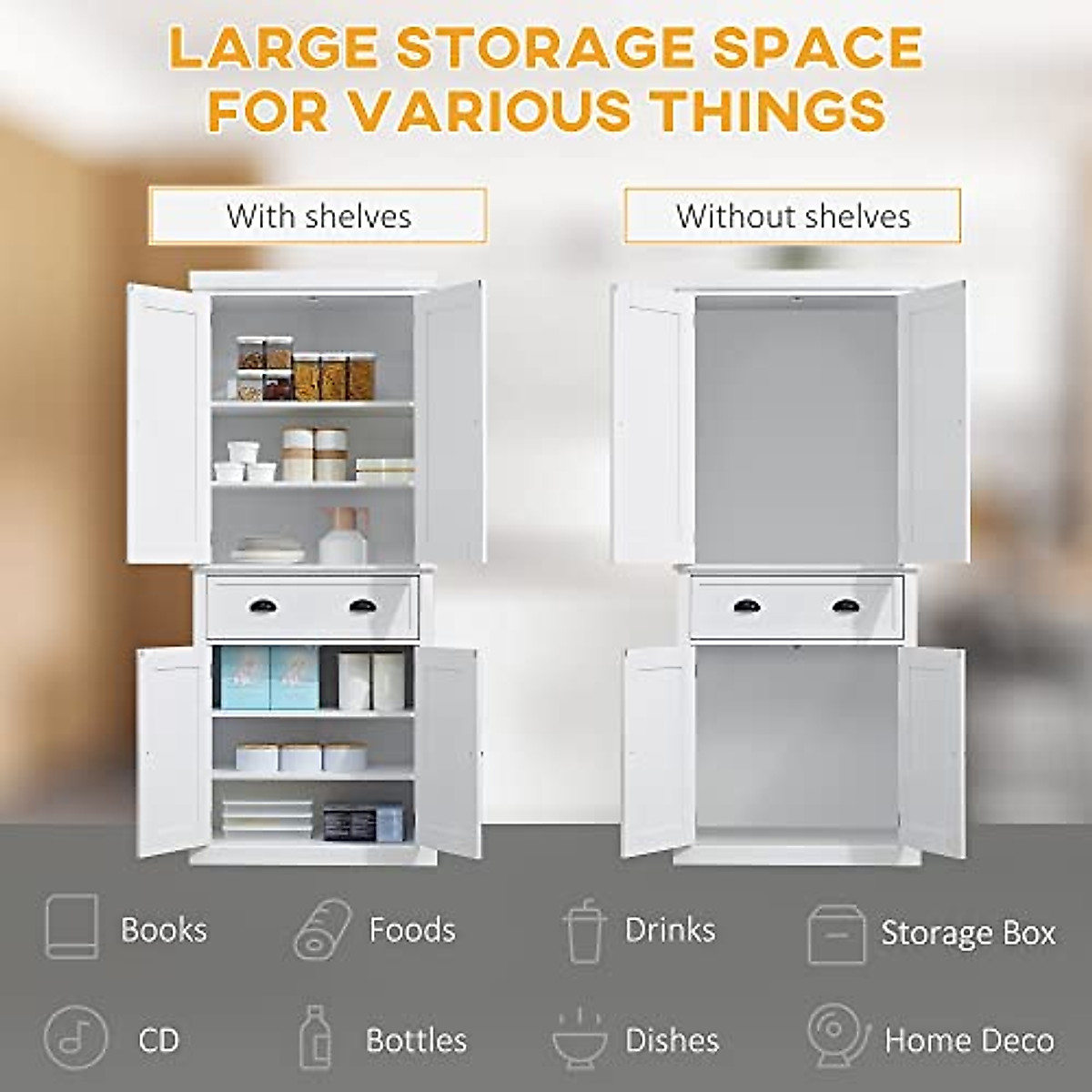 HOMCOM 72" Traditional Freestanding Kitchen Pantry Cupboard with 2 Cabinet, Drawer and Adjustable Shelves, White