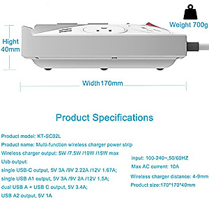 Surge Protector Power Strip Tower, KingTSYU Power Strip Extension Cord with USB C Ports, 4 Outlets and 15W Wireless Charger, USB C PD Power Delivery for Home/Office/Travel (PD 20W)