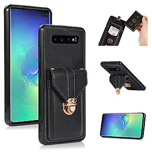 Furiet Compatible with Samsung Galaxy S10 Plus Wallet Cover with Crossbody Strap and Leather Card Holder Clasp Stand Flip Purse Shockproof Phone Cover for S10+ S10plus 10S Edge S 10 10plus Black