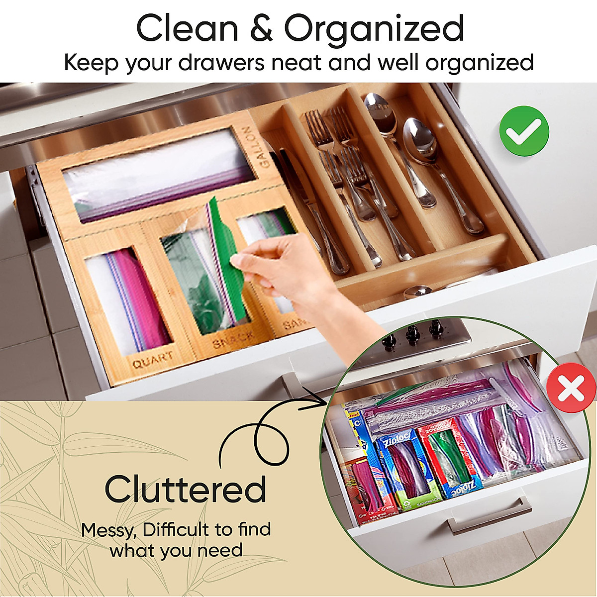 VIKAMAX Ziplock Bag Organizer , Bamboo Drawer Organizer , 4 Separate Baggie Organizer Storage Bag Organizer Bag Storage Organizer for Kitchen Drawer