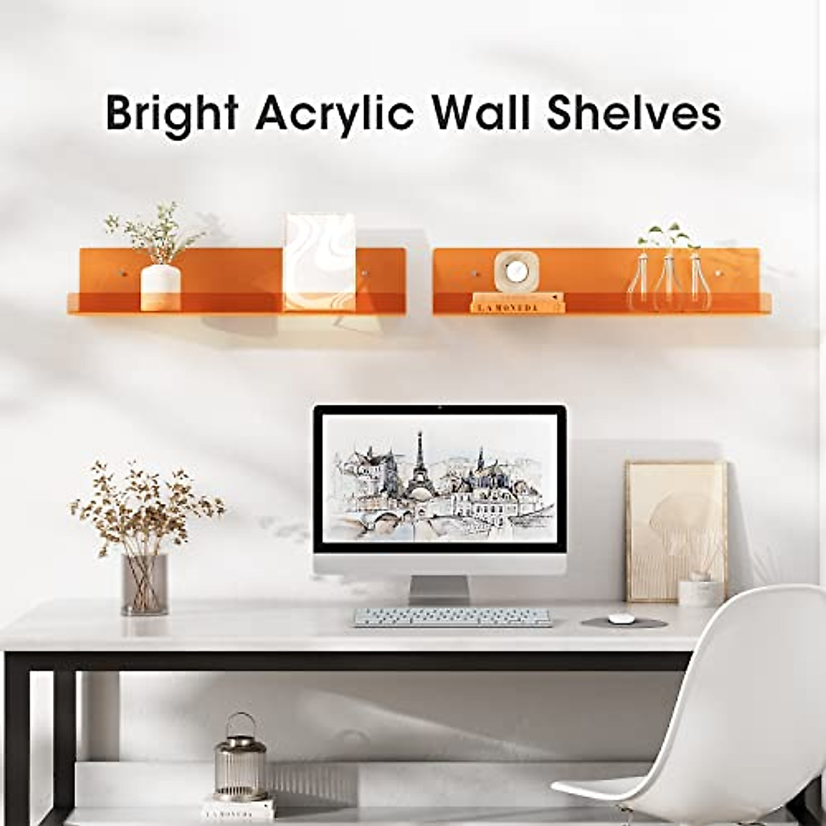 RRG 15 Inch Acrylic Floating Shelves, 2 Pack Kids Floating Bookshelf Wall Mounted Display Shelf for Books, Kids Room, Nursery, Bedroom, Bathroom, Living Room (Orange)