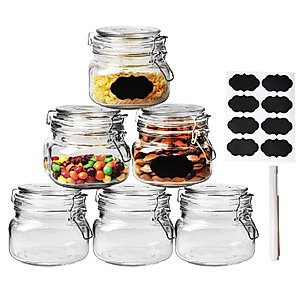 6 Pack Wide Mouth Mason Jars, OAMCEG 17oz Airtight Glass Preserving Jars with Leak Proof Rubber Gasket and Clip Top Lids, Perfect for Storing Coffee, Sugar, Flour or Sweets - 8 Labels & 1 Chalk Marker