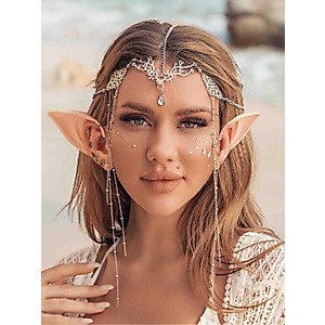 Jovono Boho Head Chain with Fairy Elf Ears Silver Hair Chain Elf Headpieces Fairy Hair Accessories for Women