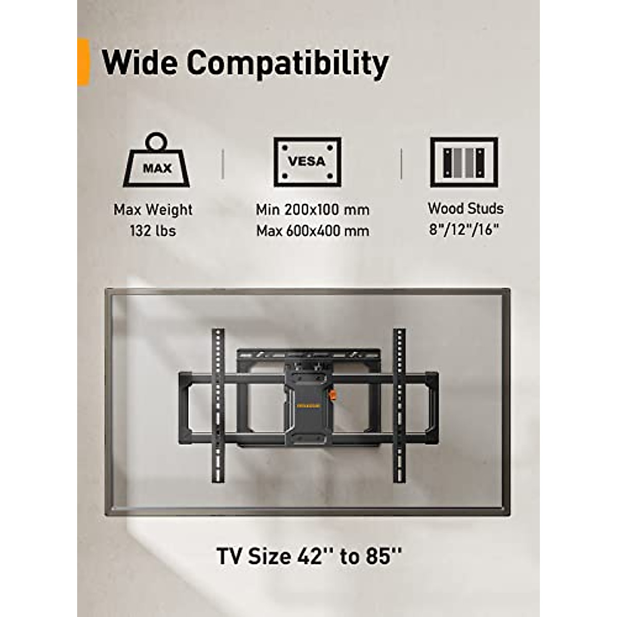 Perlegear UL Listed Full Motion TV Wall Mount for 42-85 inch TVs up to 132 lbs, TV Mount with Dual Articulating Arms, Tool-Free Tilt, Swivel, Extension, Leveling, Max VESA 600x400mm, 16" Studs, PGLF8