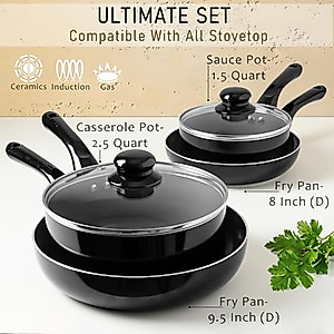 Moss & Stone 6 Piece Black Nonstick Cookware Set, Pots And Pans Set Non stick With Glass Lid, Induction Cookware, Stay Cool Handle, PTFE/PFOA, Kitchen Cookware 6-Piece with Frying Pans Set & Saucepan