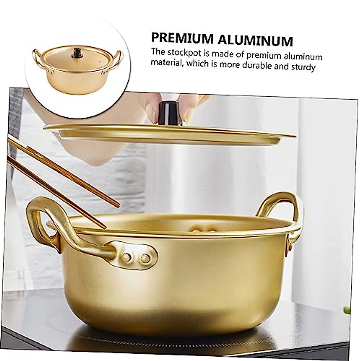 Yardwe 1pc Korean Instant Noodle Pot Foods Ceramic Nonstick Frying Pan Japanese Wok Metal Stock Pot Lid Cooking Pot Ramyun Hot Pot Practical Noodles Pot Kitchen Gadget Binaural Candy