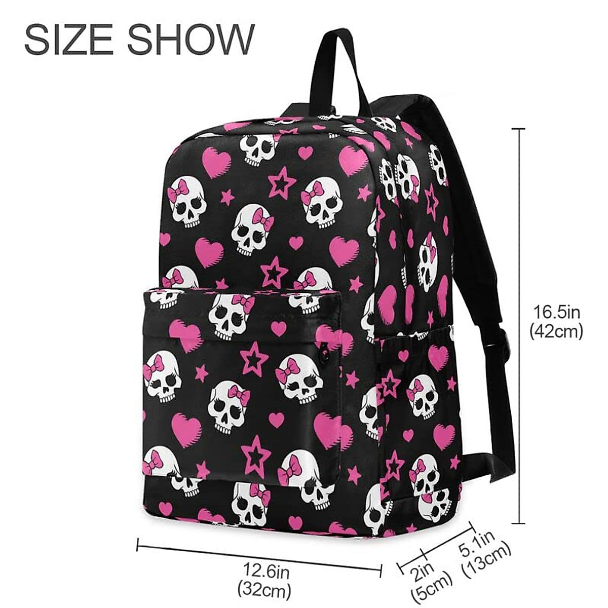 MNSRUU Student Backpack for School Pink Hearts and Skulls Laptop Backpack Aesthetic School Bookbags Casual Daypack Backpack Fits 15.6 Inch Laptop