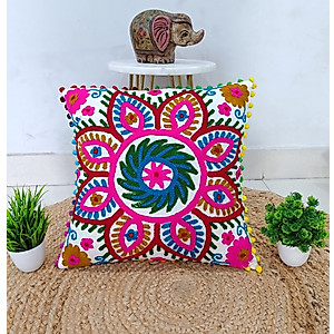 Trade Star 100% Cotton Embroidered Pillow Cover Beautiful Pom Pom Pillow Cover Fall Decor Cushion Cover Decorative Hand Design 16x16 Inches Modern Sofa Throw Pillow Cover for Home Decor