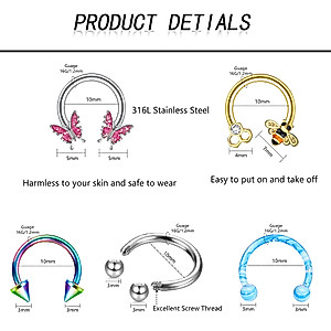 Sanfenly 20Pcs 16G Surgical Steel Horseshoe Nose Septum Rings Piercing Jewelry Cartilage Helix Tragus Daith Earring Hoop Lip Horseshoe Piercing for Women Men 8mm 10mm