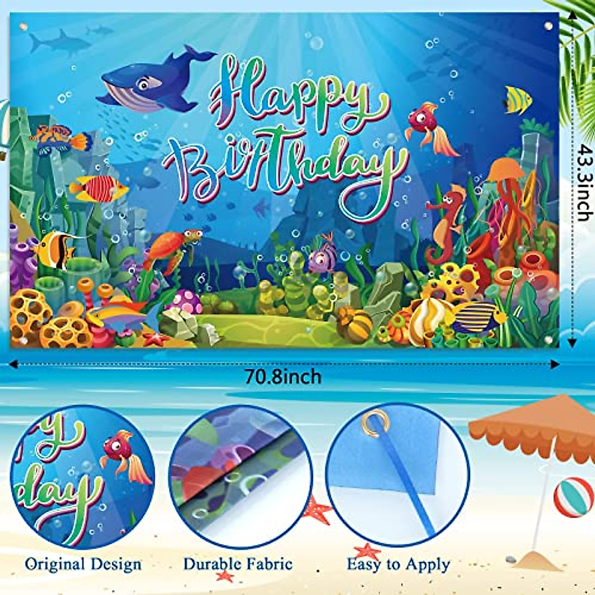 MOMOHOO Under The Sea Party Decorations - 106Pcs Ocean Theme Birthday Decorations Blue Balloons Garland Arch Kit, Under The Sea Backdrop, Ocean Animals Foil Balloons for Pool Party and Beach Party