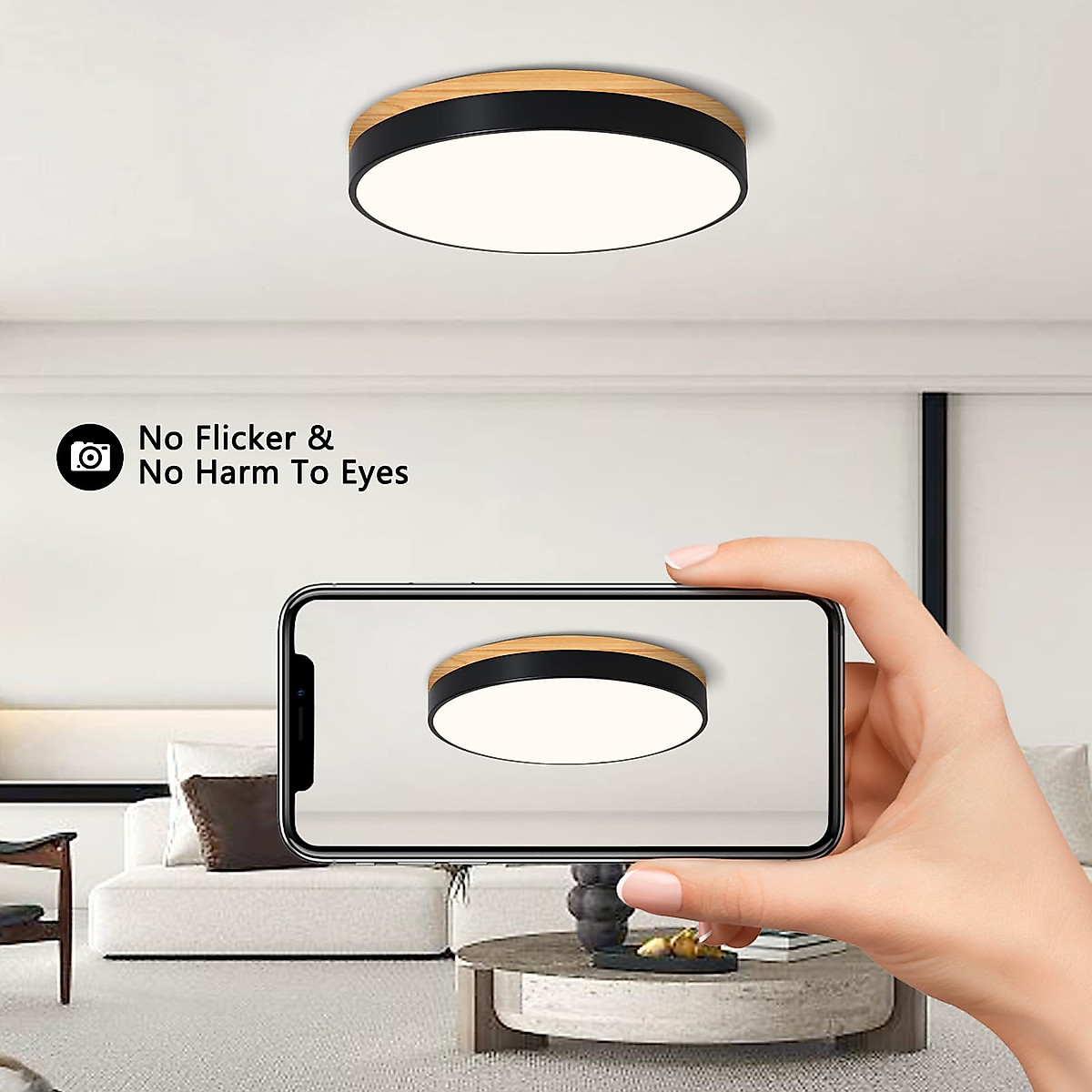 VIOLOEMI Modern Black Ceiling Light, Wood LED Close to Ceiling Lighting Fixtures, Round Flush Mount Ceiling Lamp for Kitchen Bedroom Bathroom Laundry Room Nursery Room Hallway（15.74 Inch）