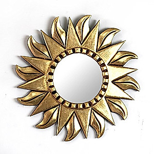 NOVICA Mohena Wood and Bronze Leaf Wall Mounted Sun Star Mirror, Sunflower', Gold Tone, Medium