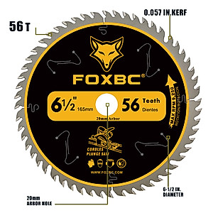 FOXBC 6-1/2" 56T Carbide-Tipped Track Saw Blade Compatible with Makita B-07353 Plunge Circular Saw, Wen CT1065, Compatible with Makita B-57342, Wen BL655 Saw Blade