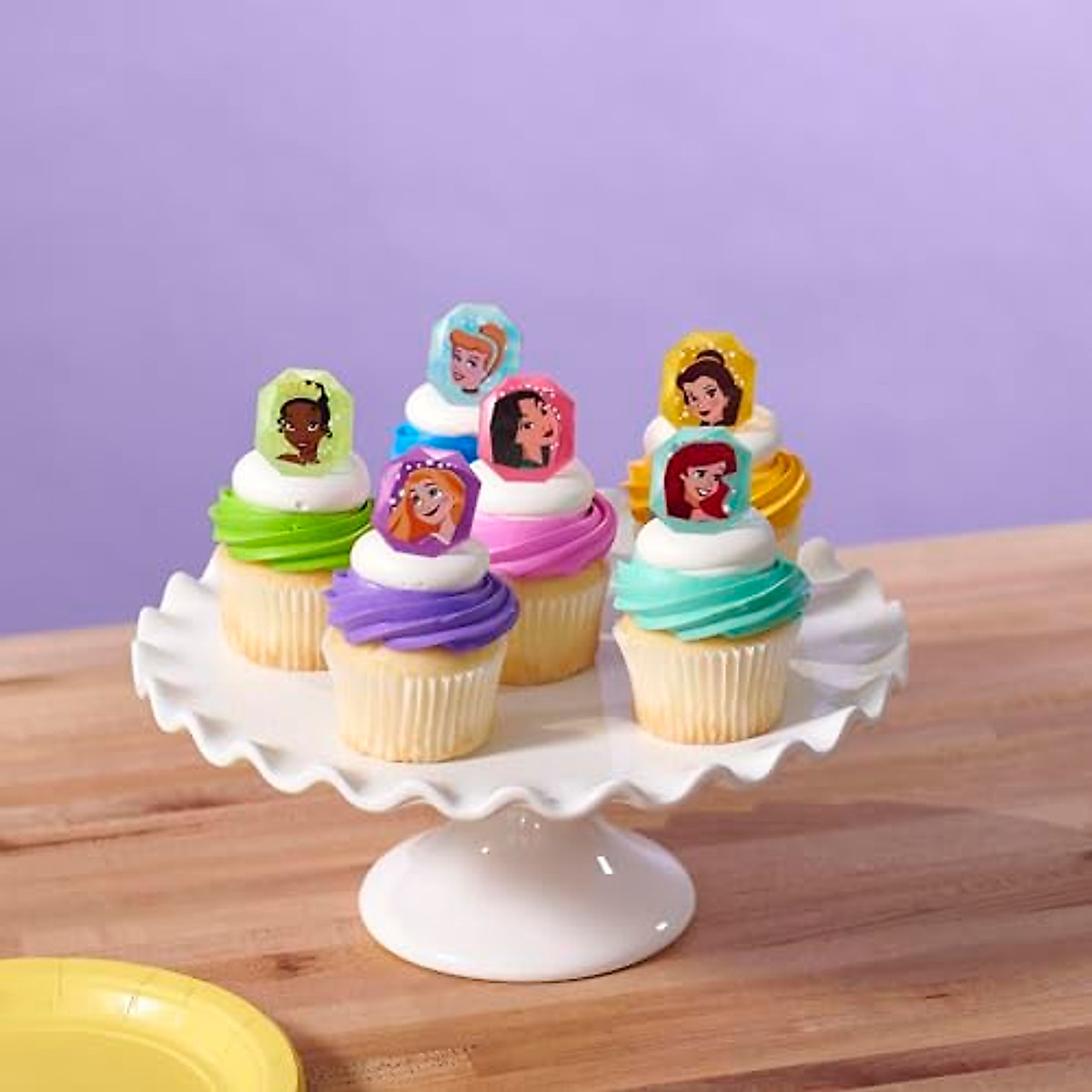 DecoPac Disney Princess Gemstone Rings, Cupcake Decorations Featuring Mulan, Cinderella, Tiana, Belle, Rapunzel and Ariel, Multicolored 3D Food Safe Cake Toppers – 24 Pack