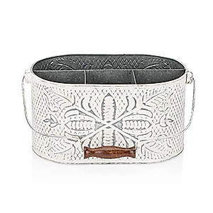 Craftsman Road Distressed White Metal Caddy – Farmhouse Galvanized Kitchen Organizer with Handle – Vintage Rustic Multi-Compartment Holder for Napkins, Plates, Cutlery, Flatware, Cleaning Supplies