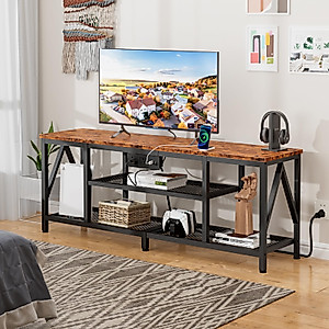 Furologee TV Stand with Power Outlets for 60 65 inch TV, Entertainment Center with Open Storage Shelves, Long 55'' TV Media Console Table with Soundbar Shelf for Living Room, Bedroom, Rustic Brown
