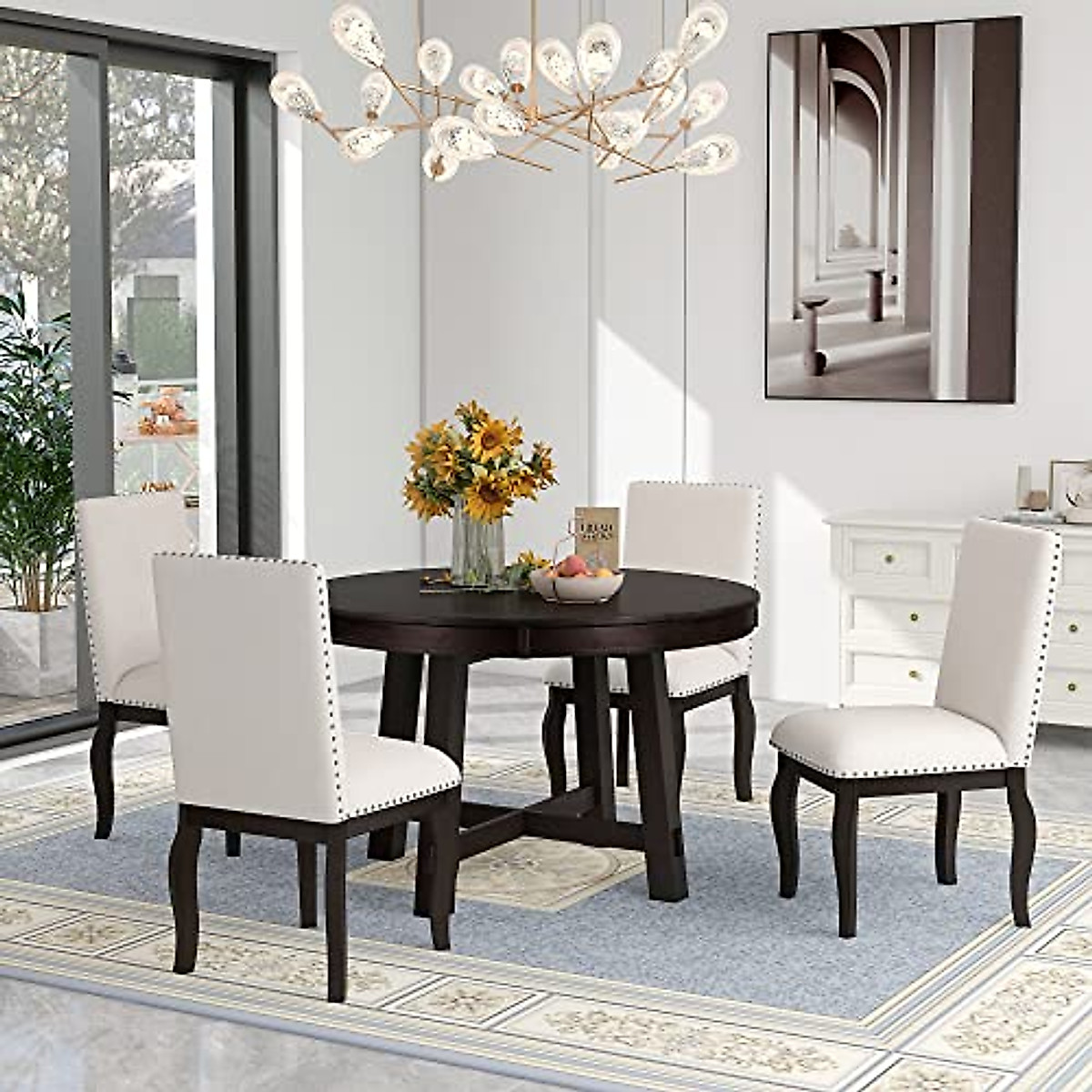 OYN 5-Piece Kitchen Room Furniture, Wooden Farmhouse Round Dining Table Sets with 4 Nailhead Decor Upholstered Chairs and Extendable Tabletop for 4 Persons Family Meal, Espresso