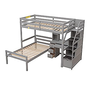 ODC Twin Over Twin Bunk Bed with Desk,Multifunctional Twin Size Loft Bed with a Platform Twin Bed and Storage Staircase, Solid Wood Loft Bed Frame with Shelves/Drawers for Kids Teens Adults