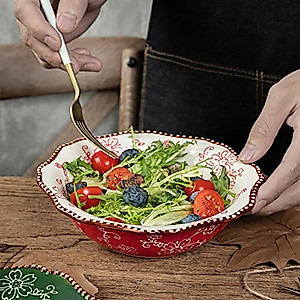 Soup Ceramic Bowls Set of 3 - 14 OZ Salad Bowl Pasta Bowls for Kitchen Microwave Safe Bowls - Cereal Gumbo Dumpling Eating Vintage Stacking Porcelain Pinch Bowls Christmas Gift Sakura Series Green