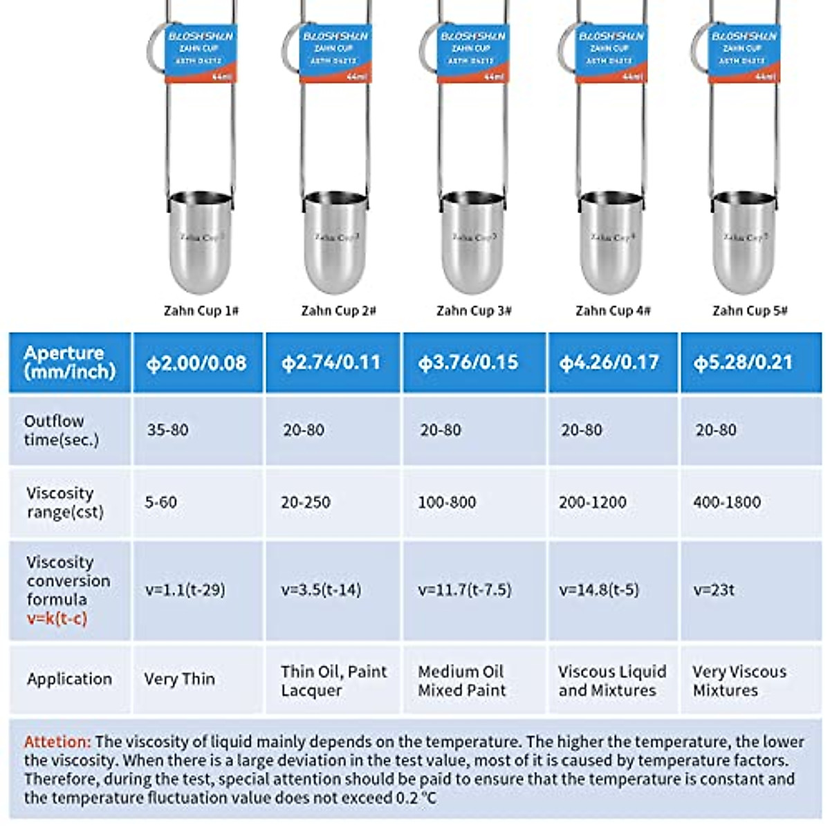 BAOSHISHAN Zahn Cup Viscosity Cup Kit #1 to #5 Dip Type 44ml Stainless Steel Viscometer Flow Cup with Bracket and Brush