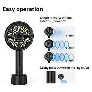 Aeroplus Mini Fan 5" Handheld Personal 3 Speed Rechargeable Battery Operated with Misting Option weatherproof includes dock & cable (Black) desk fan for home kitchen office travel camping