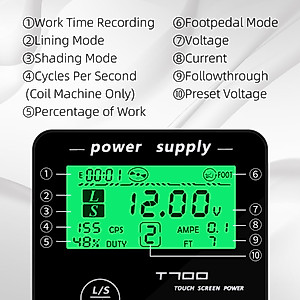 Dragoart T700 Tattoo Power Supply 3-18v Professional Tattoo Power Supply Box for Coil & Rotary Tattoo Machine, 6 Preset Voltages/Liner Shader Switch/2 Foot Pedal Modes/Touch Screen/Adjustable Stand