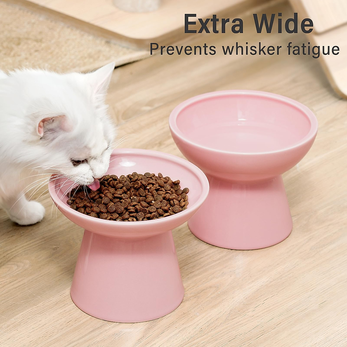 CEEFU 2 Extra Wide Elevated Cat Food Bowl, Ceramic Cat Bowls for Food and Water, Wide Shallow Cat Food Dish, Whisker Fatigue, Lead & Cadmium Free, Great Height for Cat, Pink