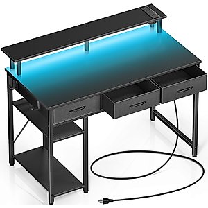 Rolanstar Computer Desk with Power Outlets & LED Light, 39 inch Home Office Desk with 3 Drawers and Storage Shelves, Writing Desk with Monitor Stand, Modern Work Desk for Home Office, Carbon Black