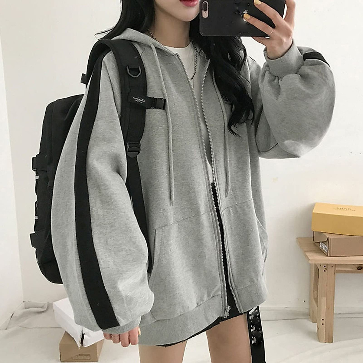 WMZJSZHY Womens Oversized Zip Up Hoodie Y2K Casual Long Sleeve Black Hooded Sweatshirt 90s Solid Zipper Jacket Cute Top for Teen Girls
