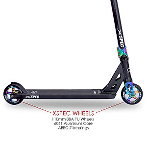 Xspec Pro Stunt Kick Scooter, Unique Oil Slick Anodized Design Trick Scooter, Matte Black Frame, Purple Rainbow Neo Chrome
