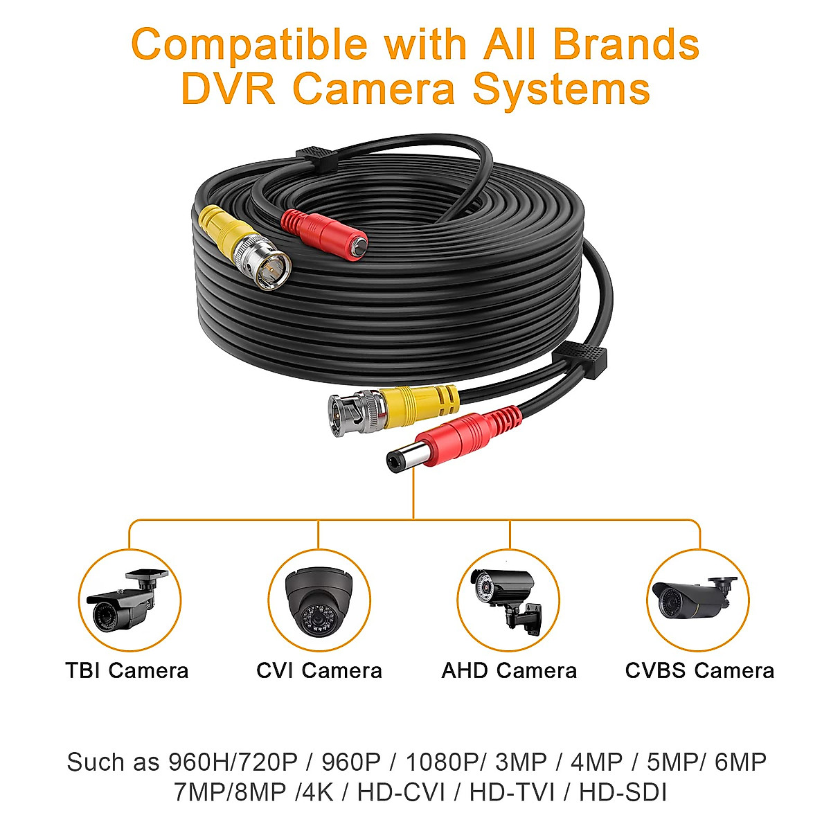 WILDHD [20AWG Cables] 100ft 8MP/4K BNC Cable All-in-One Siamese Video and Power Security Camera Cable, BNC Extension Wire Cord with 2 Female Connectors for All HD CCTV DVR Surveillance System(Black)