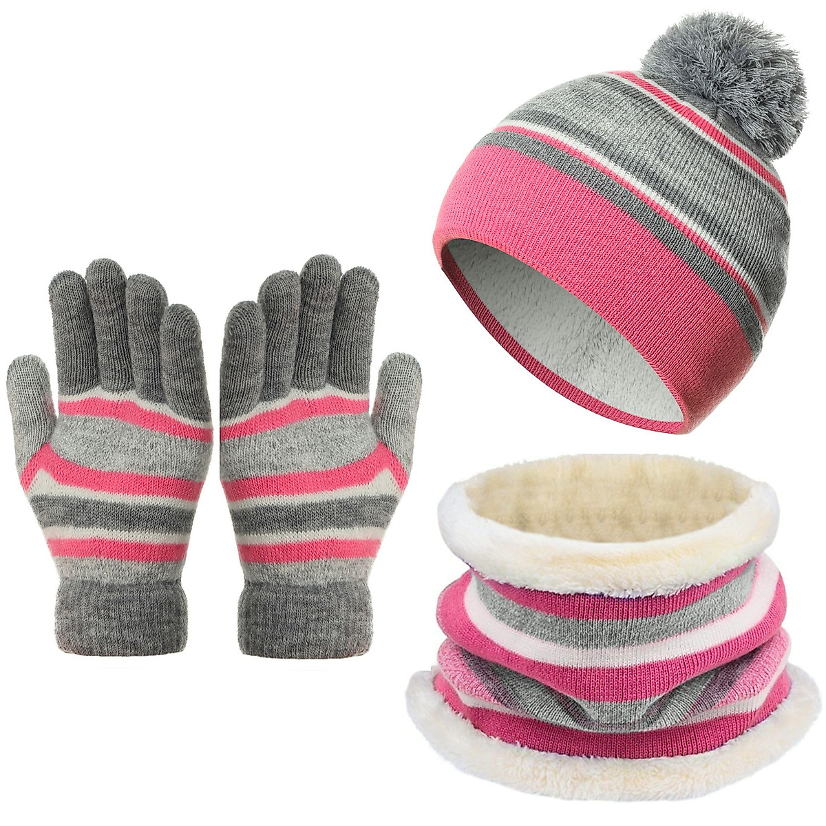 GOLHUA 3Pcs Kids Winter Hat Scarf Gloves Set for 3-6 Years Old Boys Girls Elastic Beanie Hat Circle Scarf Set Knitted Plush - Pink, One Size
