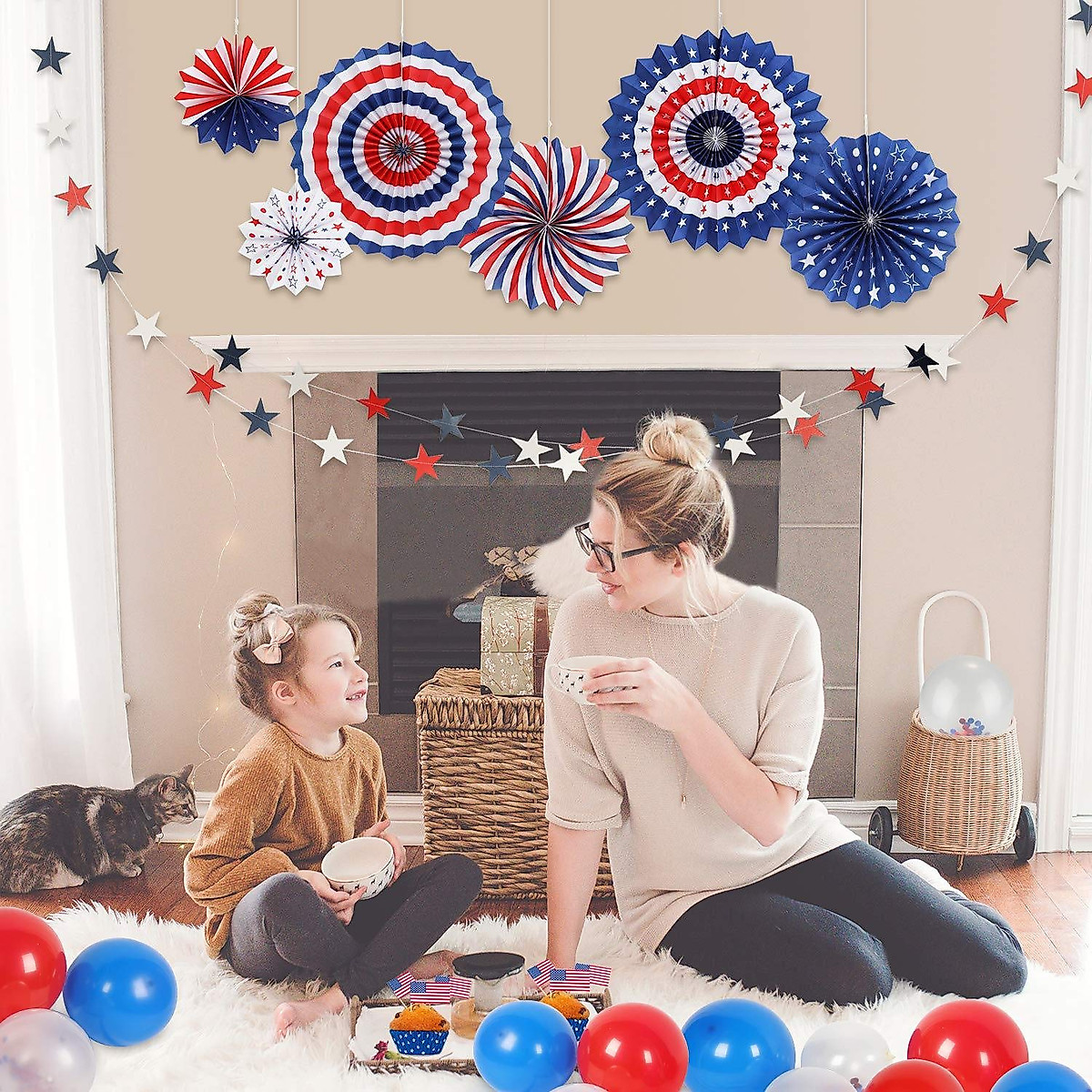 Risshine 4th/Fourth of July Patriotic Party Decorations Set- Red White/Silver Blue Star Streamers and 6Pcs Red White Blue Hanging Paper Fans for American Independence Day Party Decor Supplies