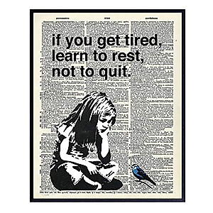 Banksy Rest Don't Quit - Unframed Dictionary Wall Art Print - Makes a Great Gift for Home Decor, Living Room, Bedroom - Ready to Frame (8X10) Vintage Photo - Girl with Bird