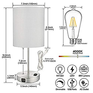 SHINE HAI Touch Control Table Lamp, 3 Way Dimmable Bedside Desk Lamp with 2 USB Ports and AC Outlet, Nightstand Lamp for Bedroom Living Room, Modern Office Lamp, Silver Base, 60W LED Bulb Included