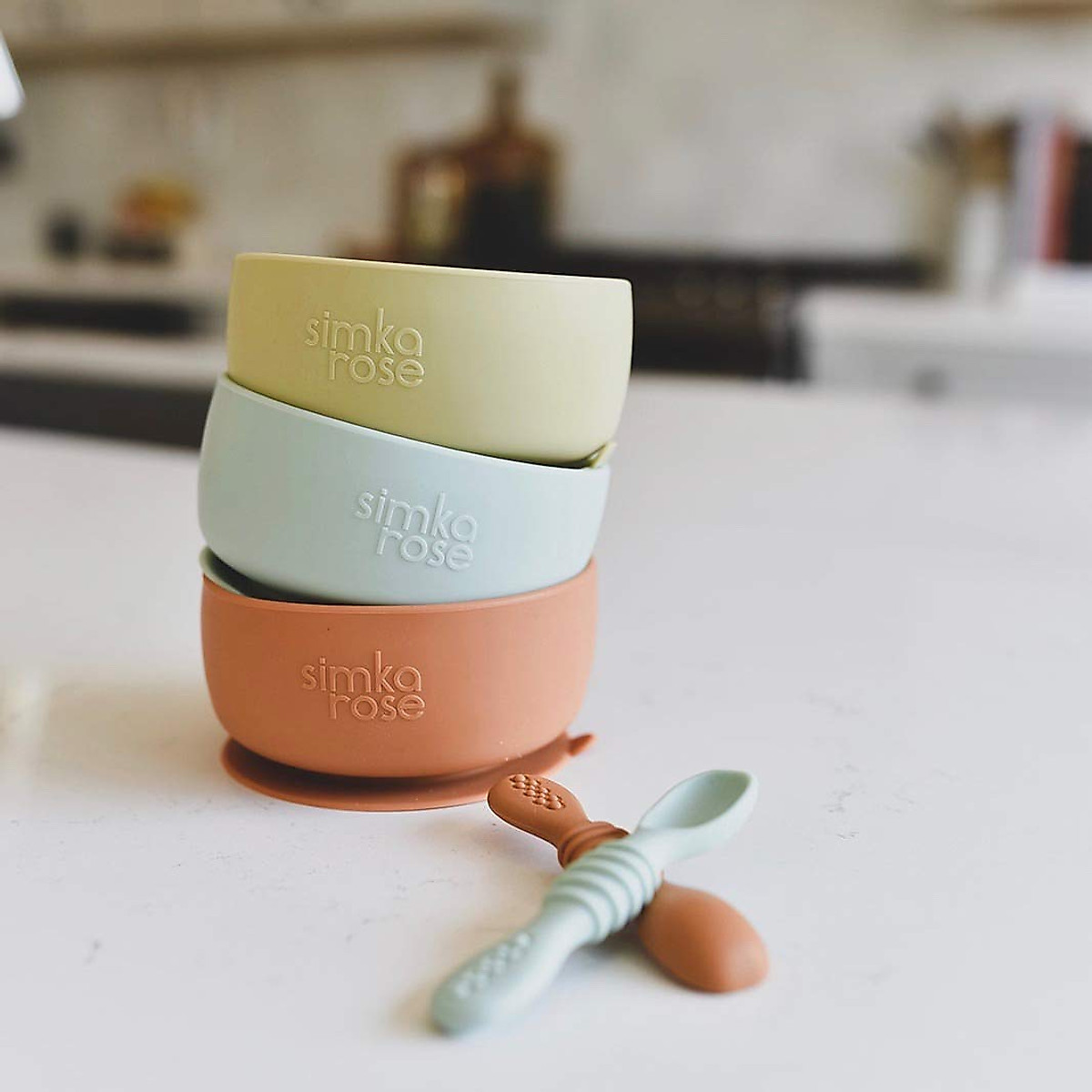 Simka Rose Silicone Baby Feeding Set for Baby and Toddler, Baby Silicone Bowl and Plate with Suction, Baby Led Weaning Spoon, BPA Free - Dishwasher and Microwave Safe (Sage)