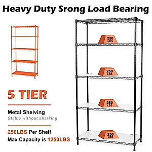 WDT 5 Tier Shelf Shelving Unit with Liners,Adjustable Metal Shelves for Storage, NSF Certified Wire Shelving Rack,1250bs Capacity Storage Shelves for Kitchen Garage,14" D×30" W×60" H