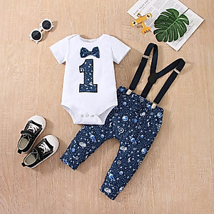 vivifayee Baby Boy One 1st Birthday Outfits Space First Birthday Boy Clothes Set Short Sleeve Bow Tie Romper Long Pants Set Suspenders
