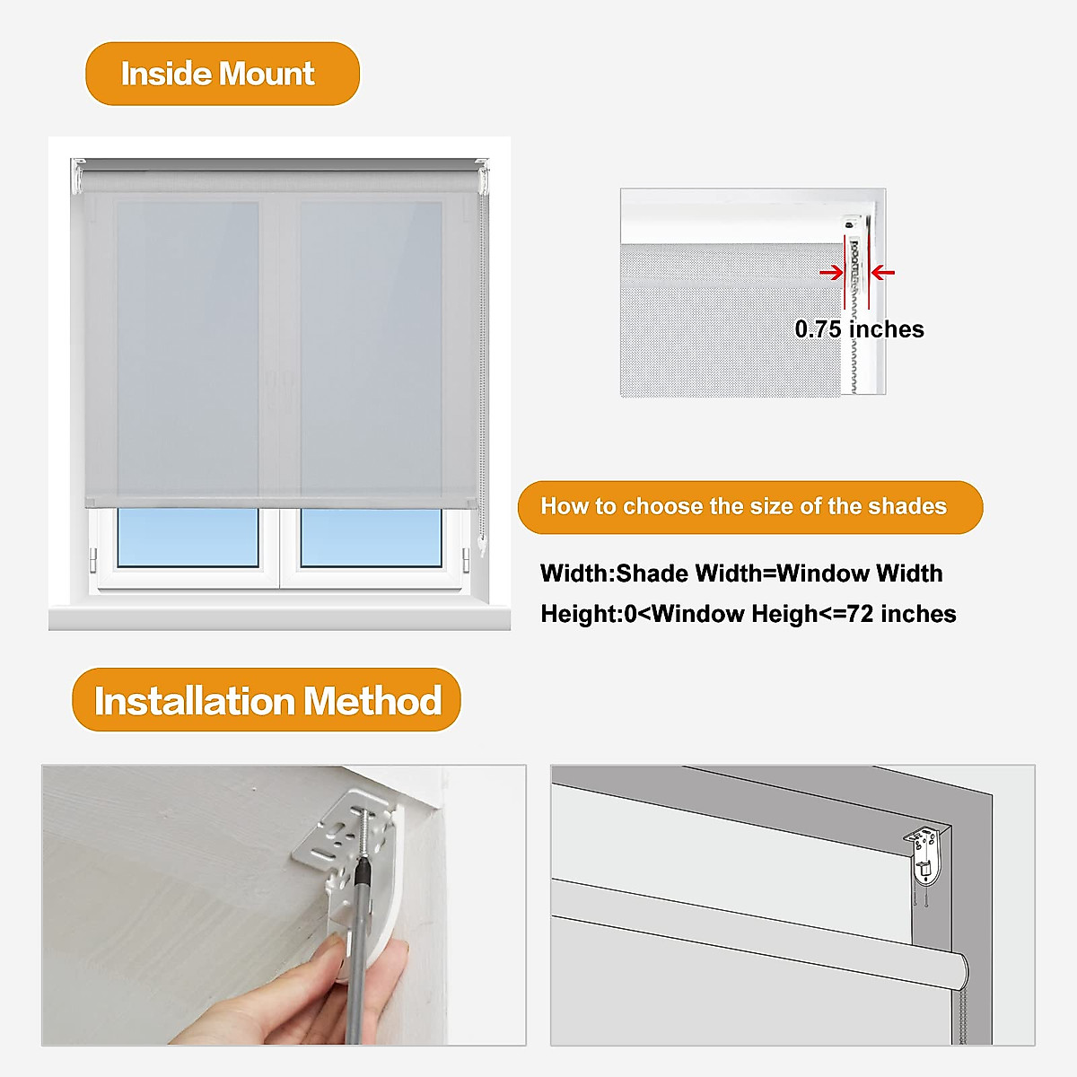 Persilux Solar Roller Shades Light Filtering Roller Blinds for Windows Shades (35" W x 72" H, Grey) Flame Retardant, Semi Sheer Shades for Windows, Home, Office, Easy to Install