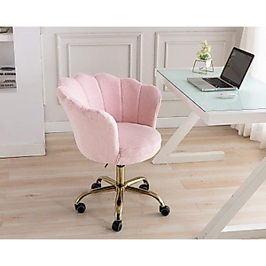 Pink Desk Chair Fluffy Task Vanity Chair Home Office Chair Adjustable Rolling Swivel Chair with Wheels for Teens Adults Bedroom Study Room, Faux Fur