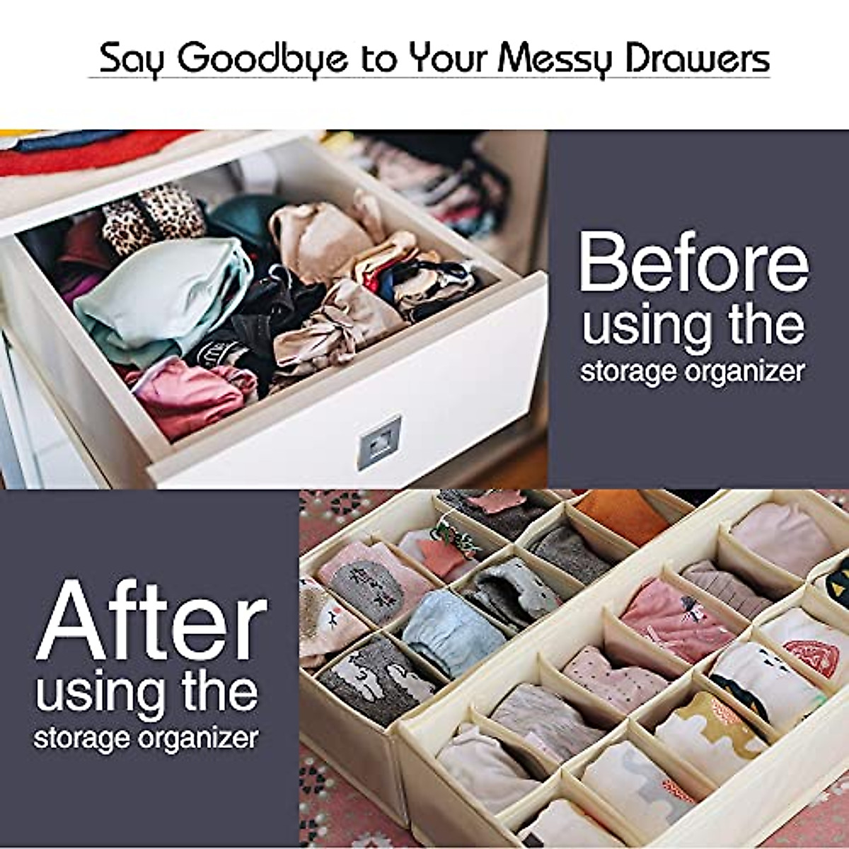 LotFancy Sock Underwear Organizer Dividers, Set of 4, 12 Cell Foldable Drawer Organizers,Washable Closet Storage Box for Undergarment, Belt, Tie, Panties, Yellowish Beige