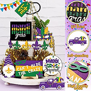 13 Pieces Mardi Gras Decor Mardi Gras Tiered Tray Decor Carnival Tier Tray Decorations Mardi Gras Centerpieces for Tables Wood Gnomes Trays Signs with 2 Wood Bases for Home Mardi Gras Party Decoration