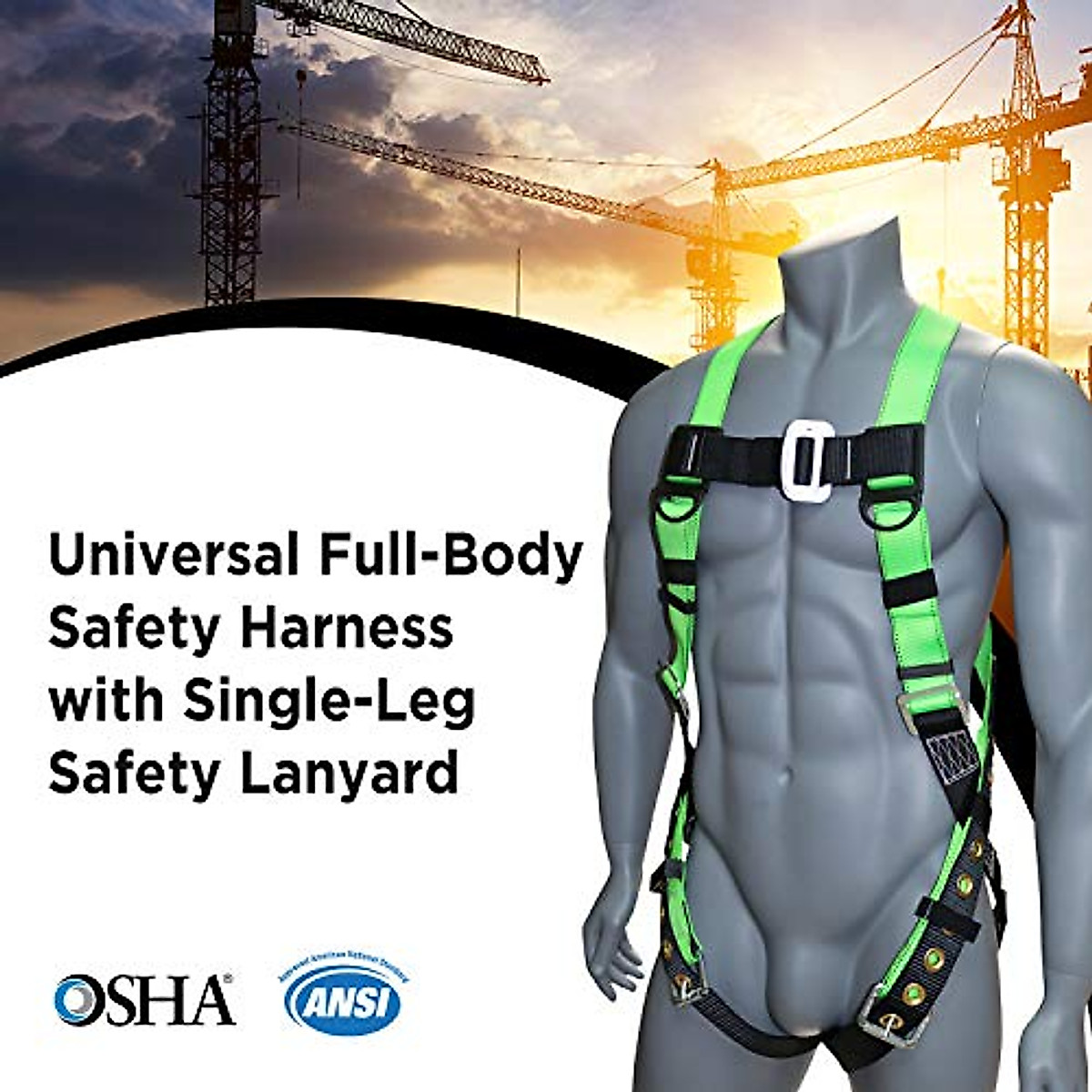 AFP Universal Full-Body Fall Protection Safety Harness w/Dorsal D-Ring Tongue Buckle Legs Hi-Viz Green, Shock Absorbing Lanyard (OSHA/ANSI Rated) (1 Pack, Harness + Single Leg Lanyard w/Snap Hooks)